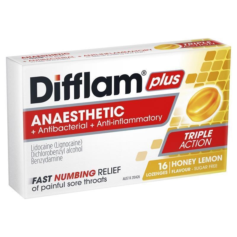 Difflam Plus Anaesthetic Sugar Free Honey And Lemon 16 Lozenges ...