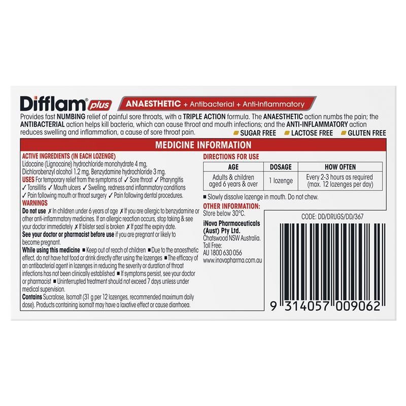 Difflam Plus Anaesthetic Sugar Free Honey And Lemon 16 Lozenges ...